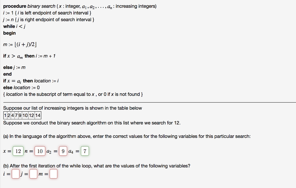 Solved procedure binary search (x : integer, aj, a2...., an: | Chegg.com