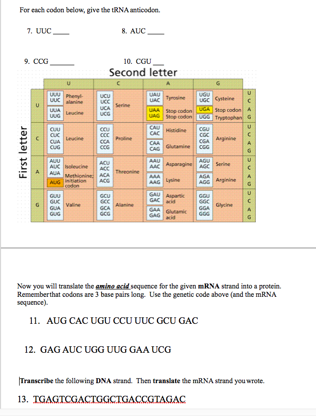 Solved For each codon below, give the tRNA anticodon 7. UUC | Chegg.com