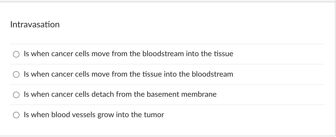 Solved Intravasation Is when cancer cells move from the | Chegg.com