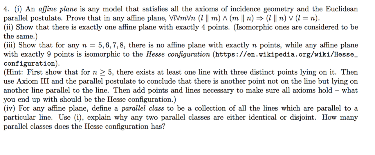 4. (i) An affine plane is any model that satisfies | Chegg.com