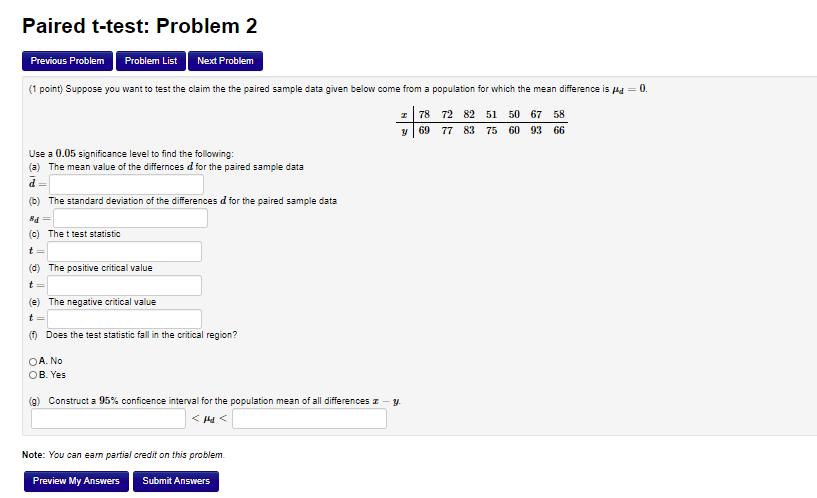Solved Paired t-test: Problem 2 Previous Problem Problem | Chegg.com