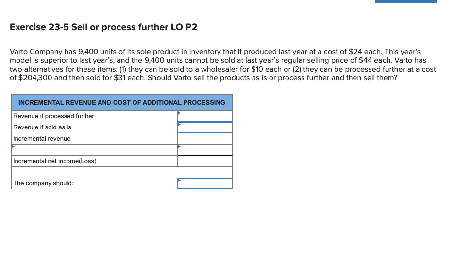 Solved Exercise 23-5 Sell or process further LO P2 Varto | Chegg.com