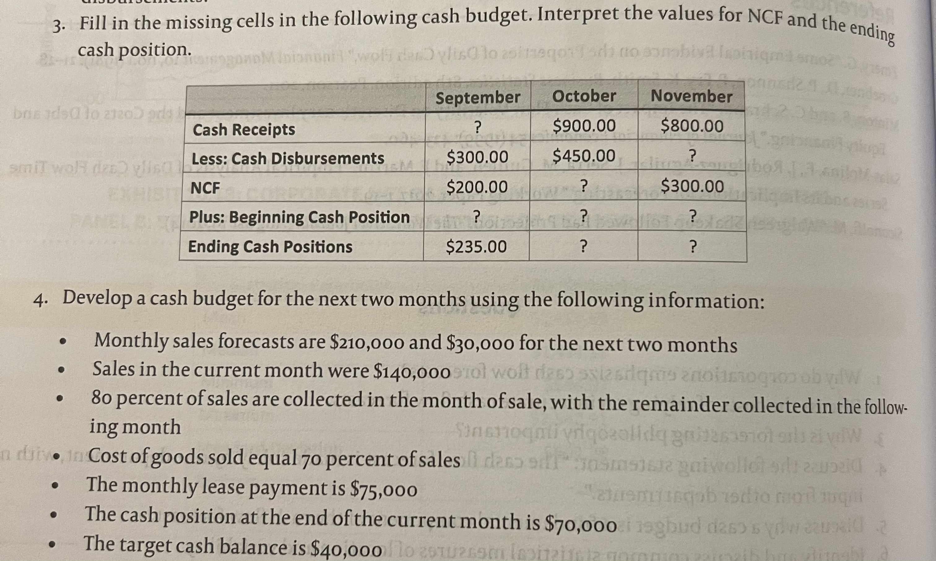 Solved Fill in the missing cells in the following cash | Chegg.com