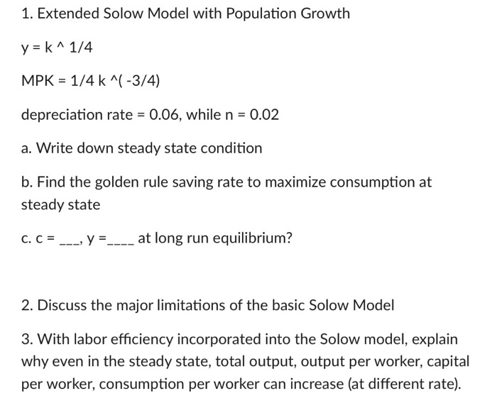 Solved 1. Extended Solow Model with Population Growth | Chegg.com