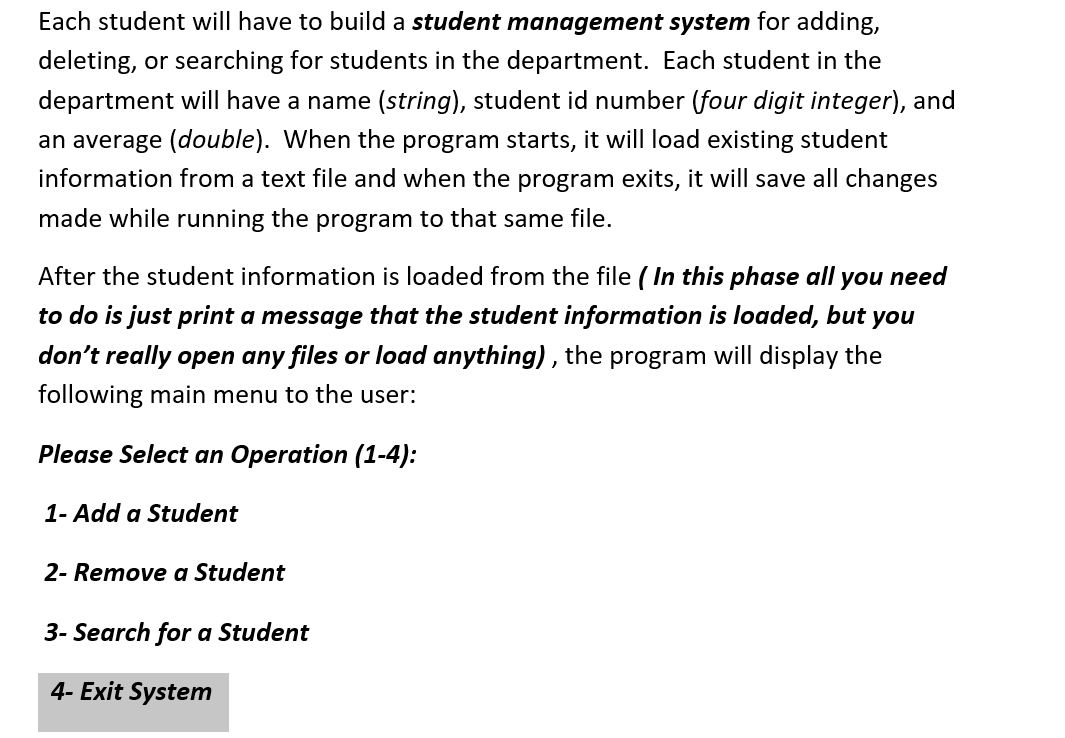 Solved Each student will have to build a student management | Chegg.com