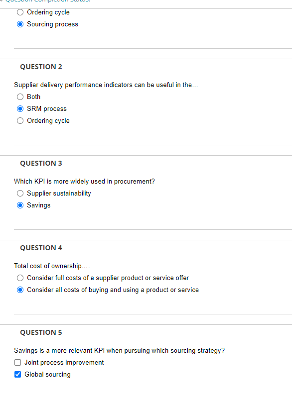 Solved Ordering cycle Sourcing process QUESTION 2 Supplier | Chegg.com
