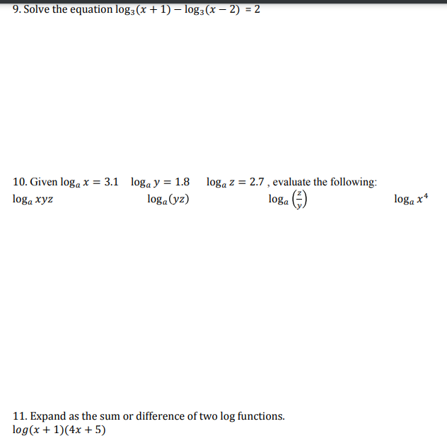Solved 9. Solve the equation log: (x + 1) - log3(x - 2) = 2 | Chegg.com