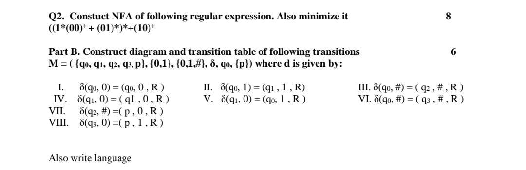 Solved 8 Q2. Constuct NFA of following regular expression. | Chegg.com