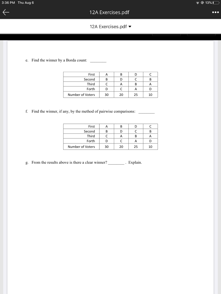 Solved 12A Exercises.pdf Matd-1332 Name 12A: Voting Methods | Chegg.com