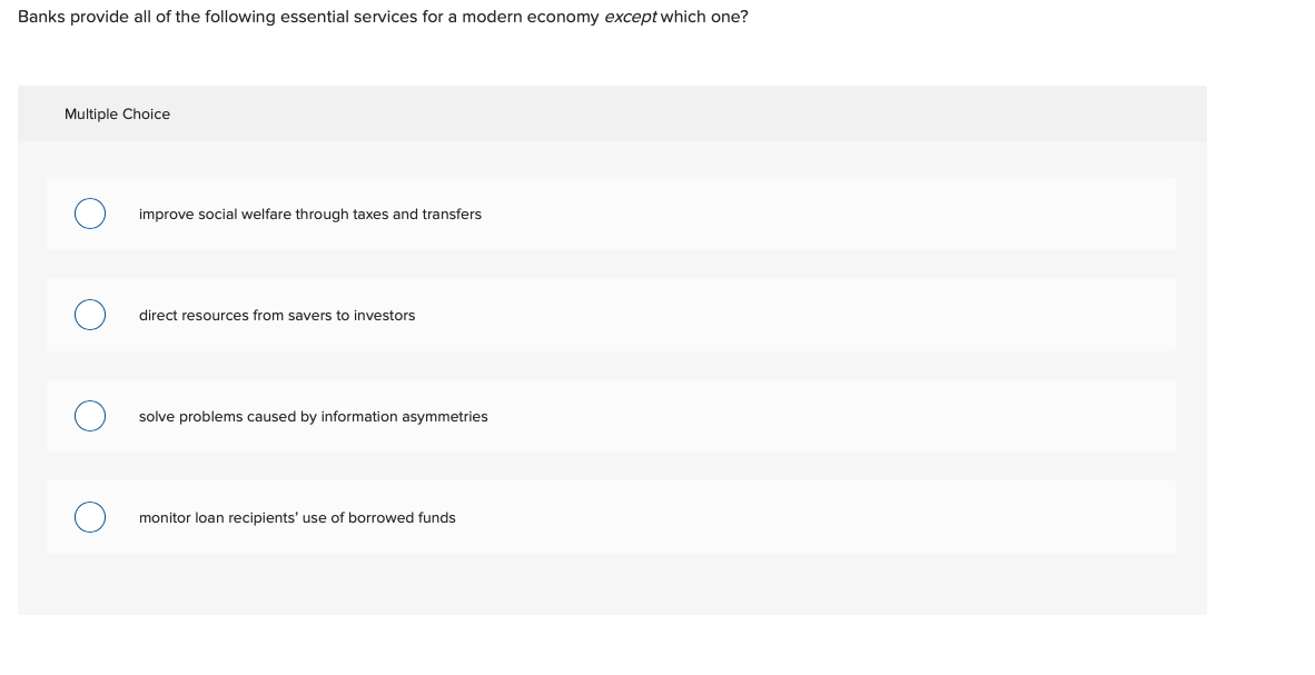 Solved Banks provide all of the following essential services | Chegg.com