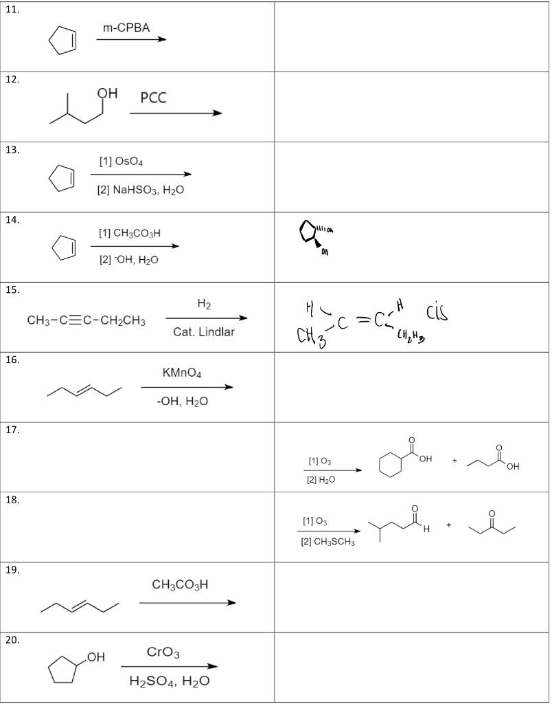 Solved 11. m-CPBA 12. OH PCC Loh 13. [1] OsO4 [2] NaHSO3, | Chegg.com