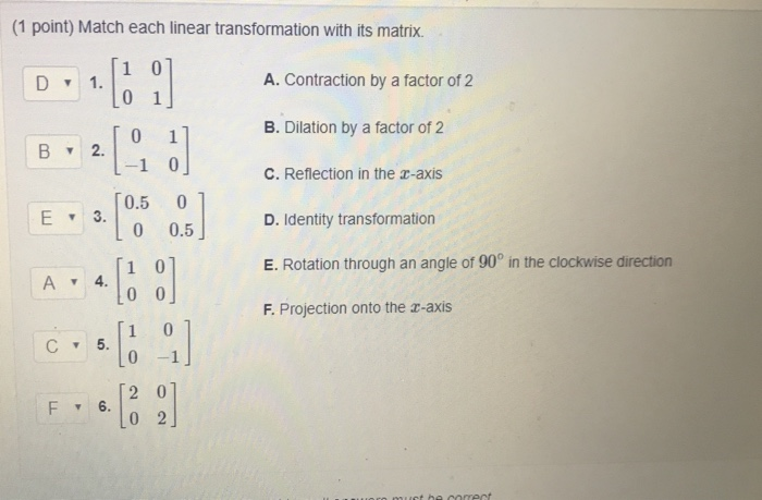 Solved (1 point) Match each linear transformation with its | Chegg.com