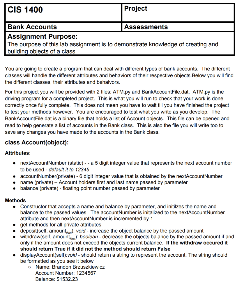 CIS 1400 Project Bank Accounts Assessments Assignment | Chegg.com