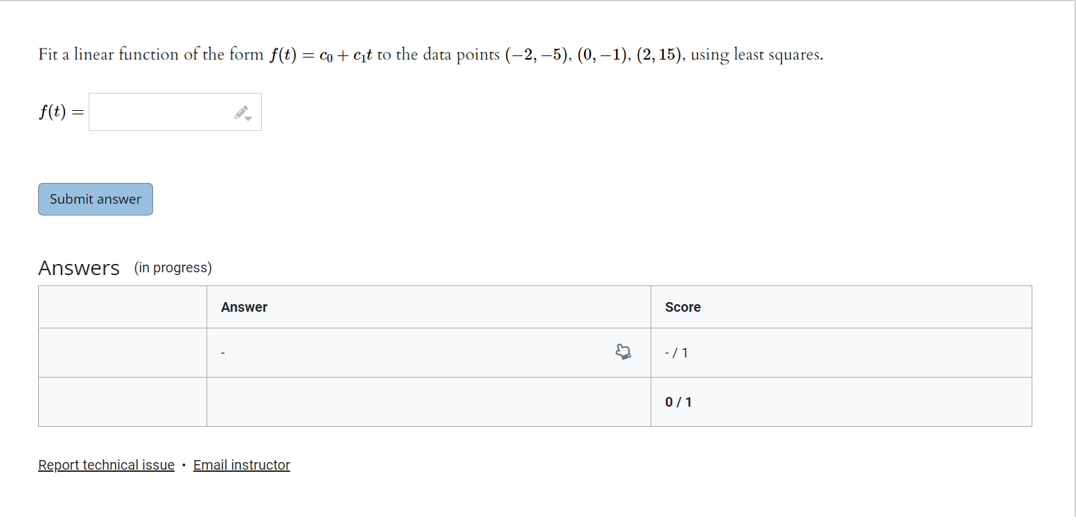 Solved Fit a linear function of the form f(t)=c0+c1t to the | Chegg.com