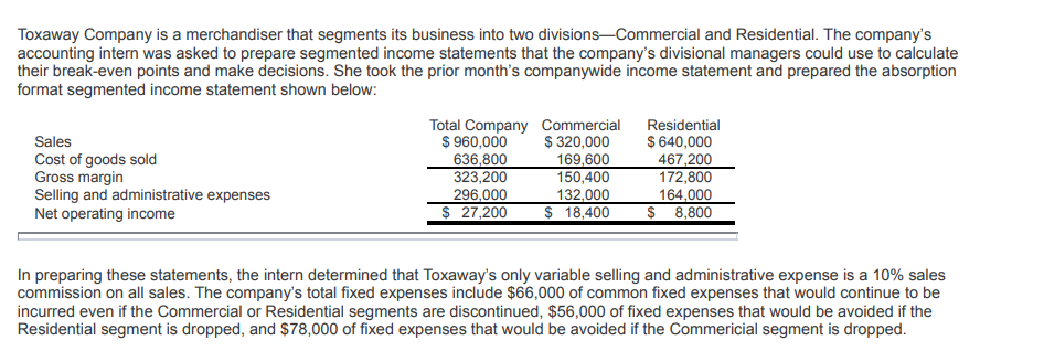Solved 3. Redo the intern's segmented income statement using | Chegg.com