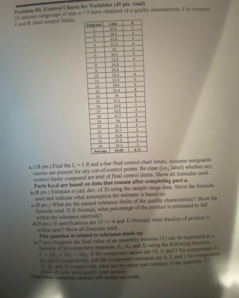 Solved Problem III. Control Charts for Variables (49 pts. | Chegg.com
