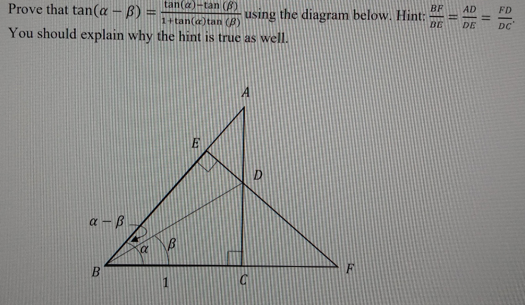 Solved AD FD IL tan(a)-tan (B) BF Prove that tan(a - b) | Chegg.com