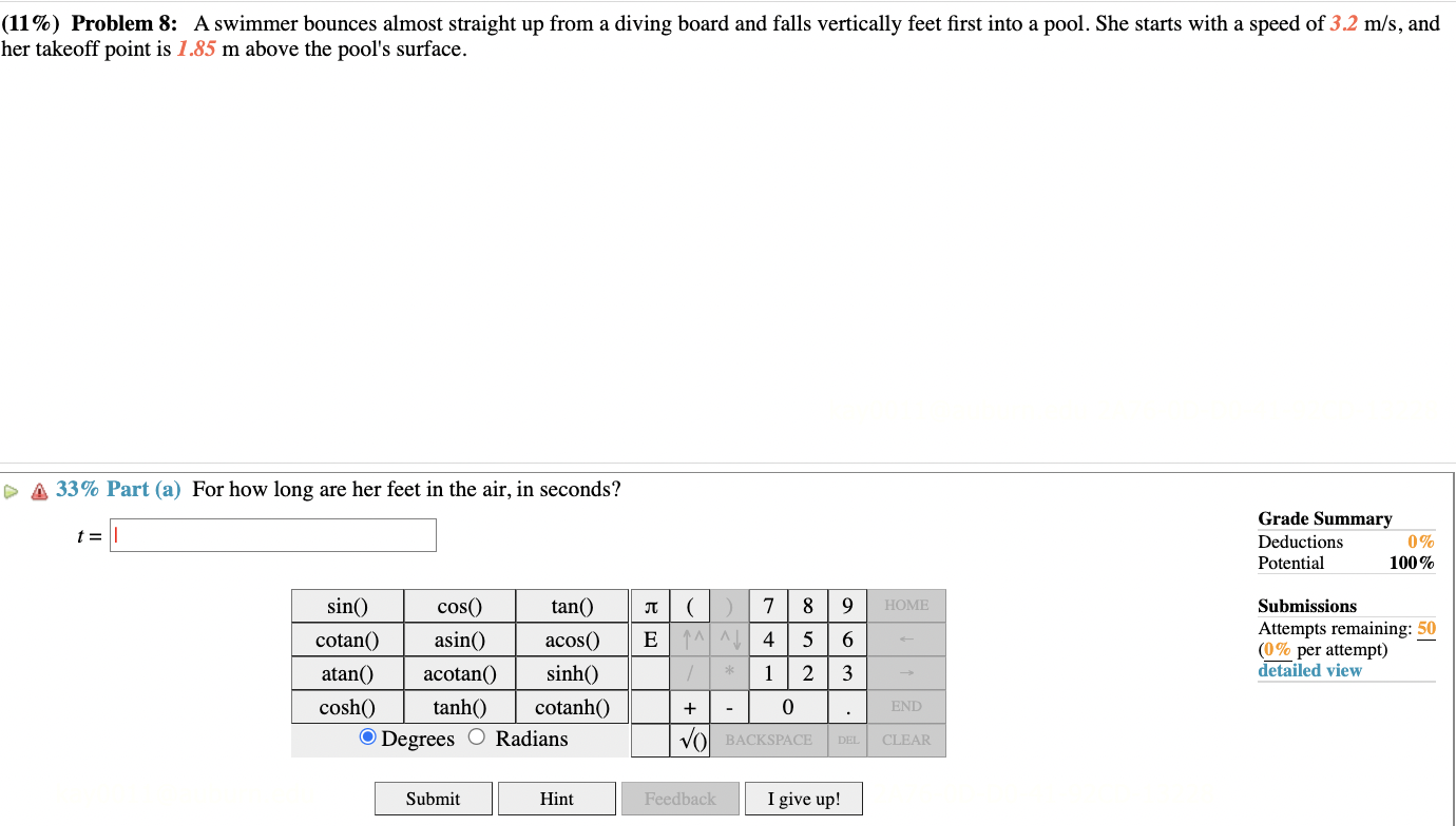 Solved 11\%) Problem 8: A swimmer bounces almost straight up | Chegg.com