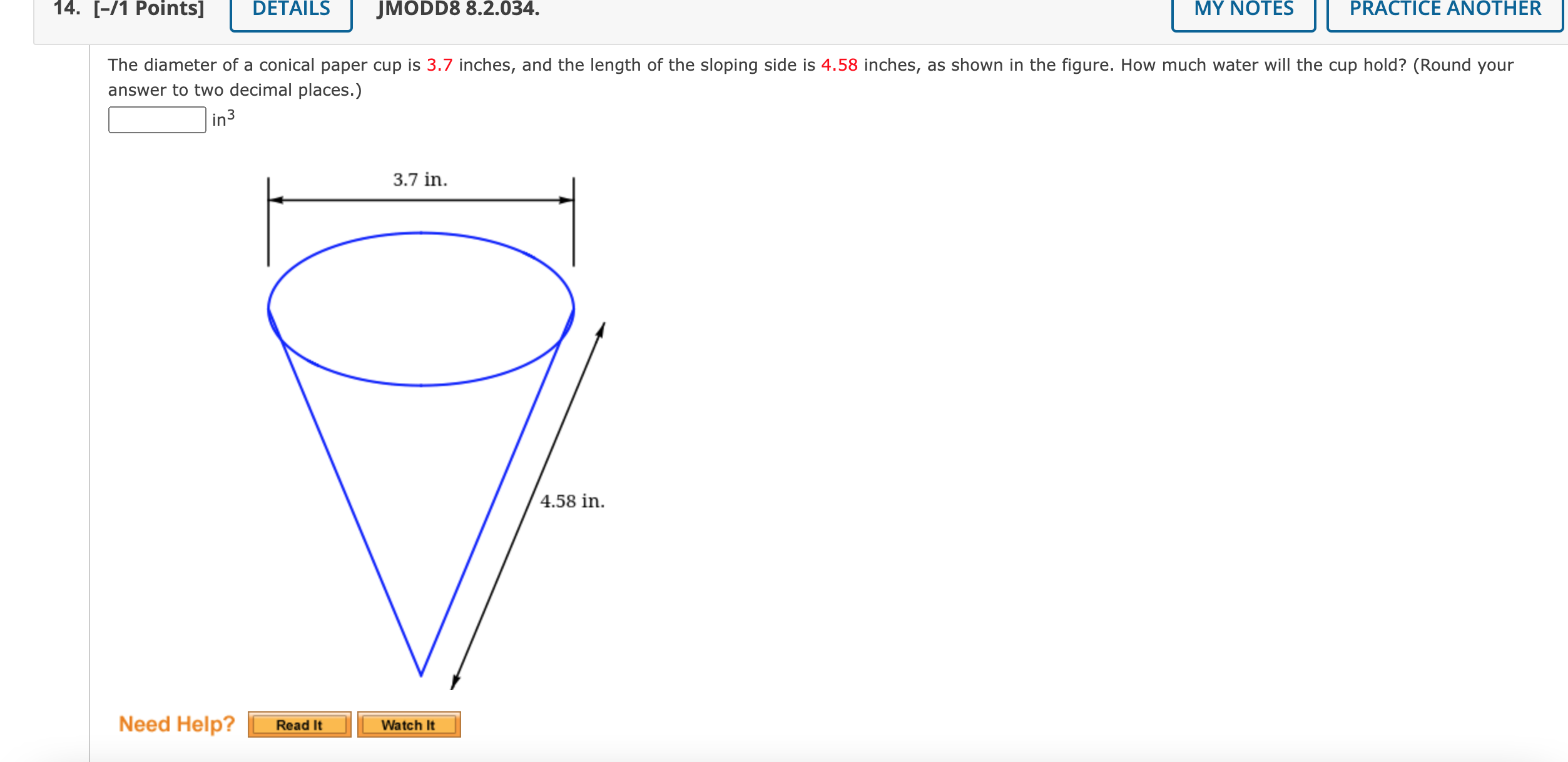 Solved The Diameter Of A Conical Paper Cup Is 3 7 Inches