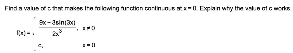Solved Find a value of c that makes the following function | Chegg.com