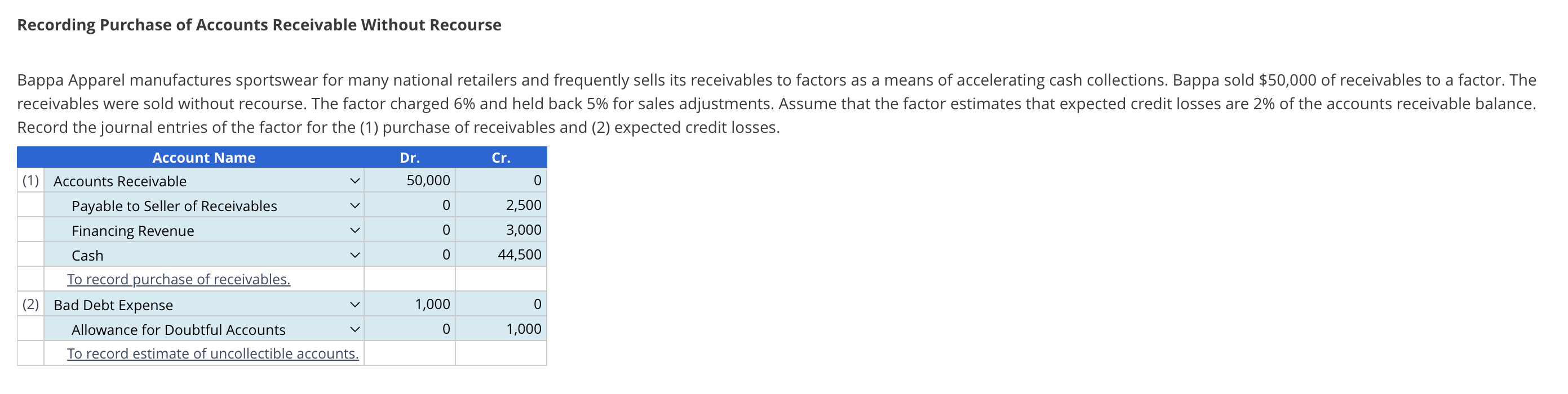 Solved Recording Purchase of Accounts Receivable Without | Chegg.com