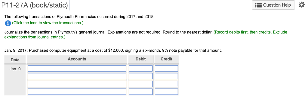 Solved P11-27A (book/static) Question Help The following | Chegg.com