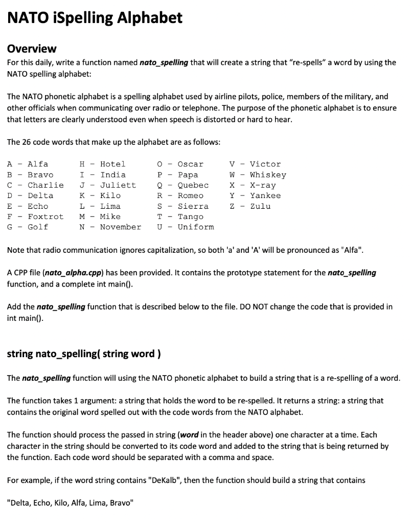 Solved NATO iSpelling Alphabet Overview For this daily, | Chegg.com