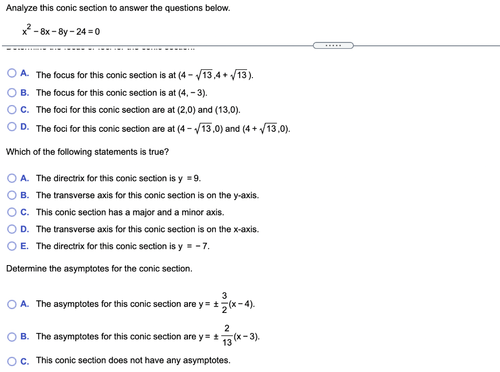 Solved Analyze this conic section to answer the questions | Chegg.com