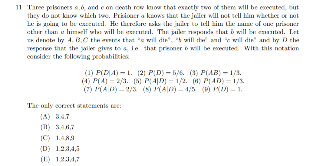 Solved Three prisoners a, b, and c on death row know that | Chegg.com