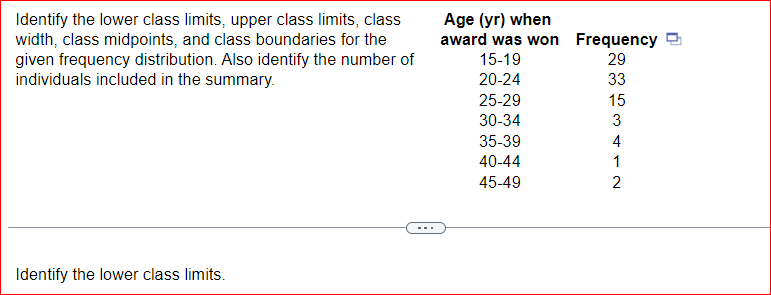 Solved Identify the lower class limits, upper class limits, | Chegg.com