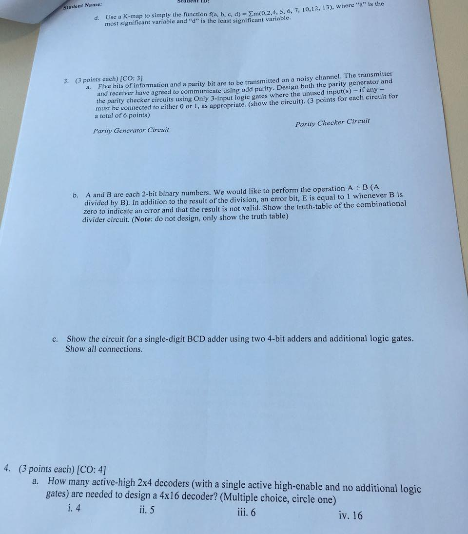 Solved Student ID! Student Name: d. Use a K-map to simply | Chegg.com