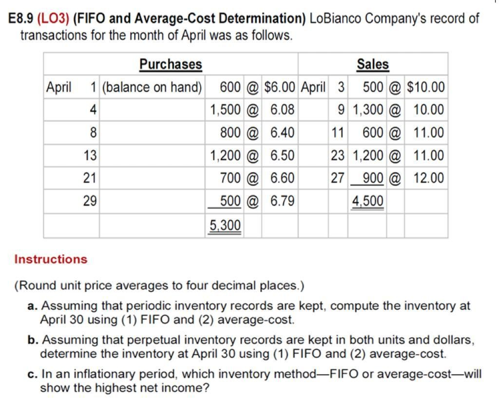Solved E8.9 (L03) (FIFO and Average-Cost Determination) | Chegg.com