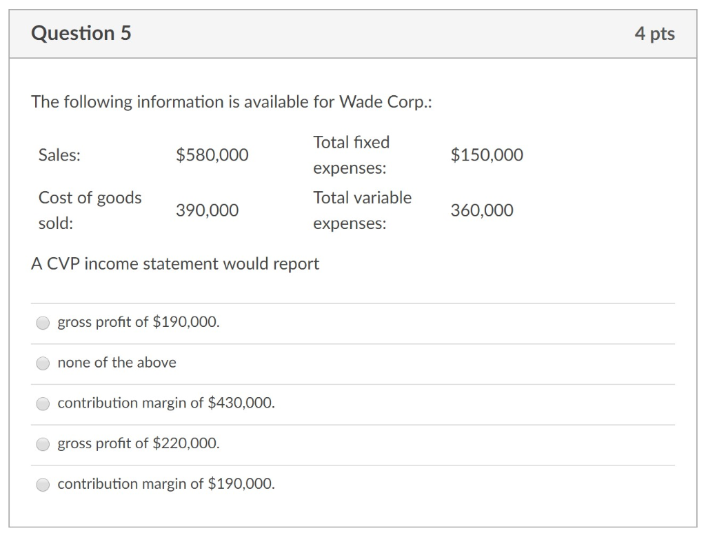 Solved Question 5 4 pts The following information is | Chegg.com