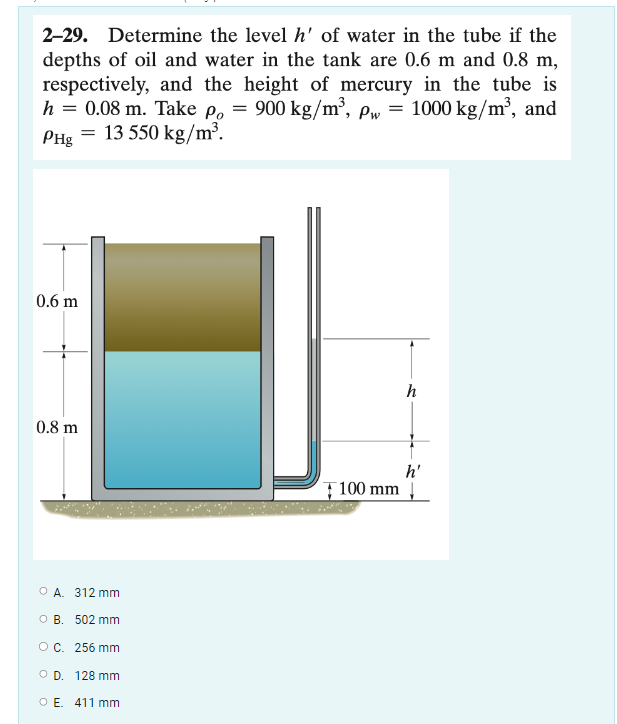 Solved 2-29. Determine the level h′ of water in the tube if | Chegg.com