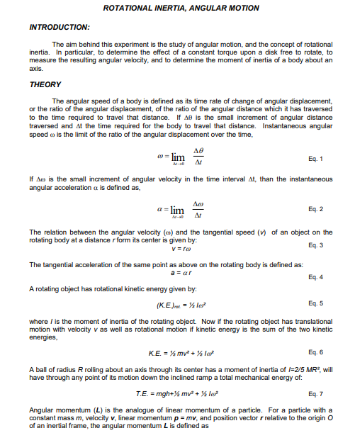 ROTATIONAL INERTIA, ANGULAR MOTION INTRODUCTION: The | Chegg.com
