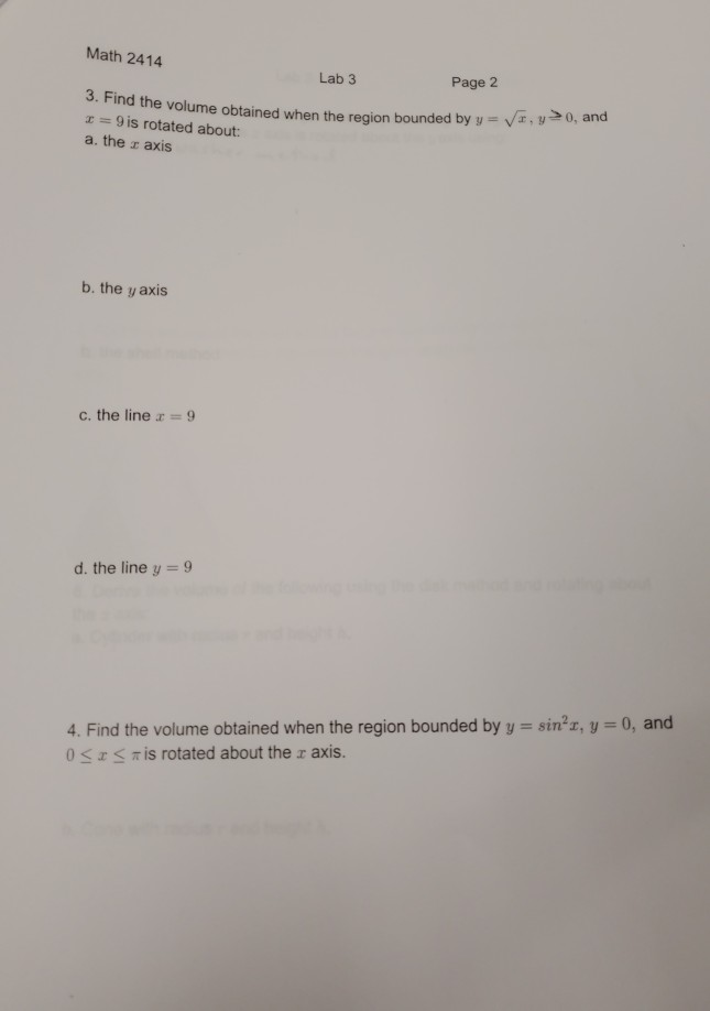 Solved Math 2414 Lab 3 Page 2 . Find the volume obtained | Chegg.com