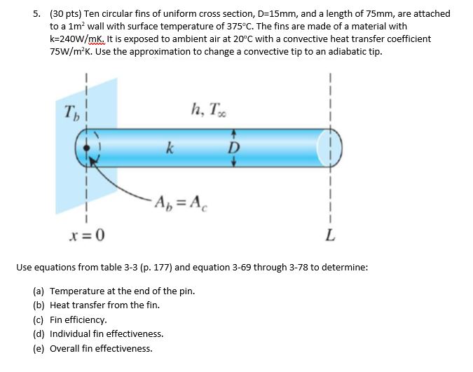 Solved 5. ( 30pts ) Ten circular fins of uniform cross | Chegg.com