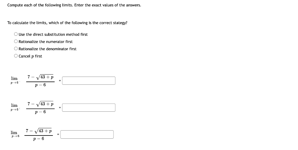 Solved Compute each of the following limits. Enter the exact | Chegg.com