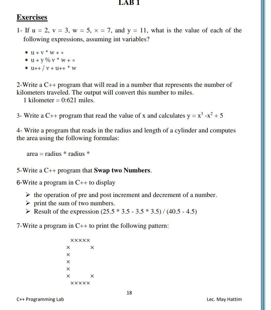 Solved LAB 1 Exercises 1. If u = 2, v = 3, w = 5, x = 7, and | Chegg.com