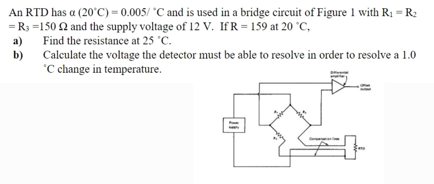 Solved An RTD has α(20∘C)=0.005/∘C and is used in a bridge | Chegg.com