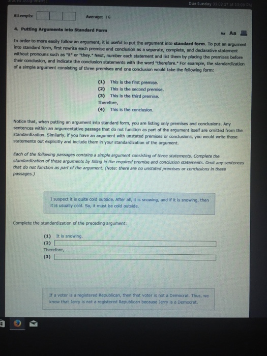 Solved Due Sunday Attempts: Average: 16 4. Putting Arguments | Chegg.com Solved Due Sunday Attempts: Average: 16 4. Putting Arguments | Chegg.com