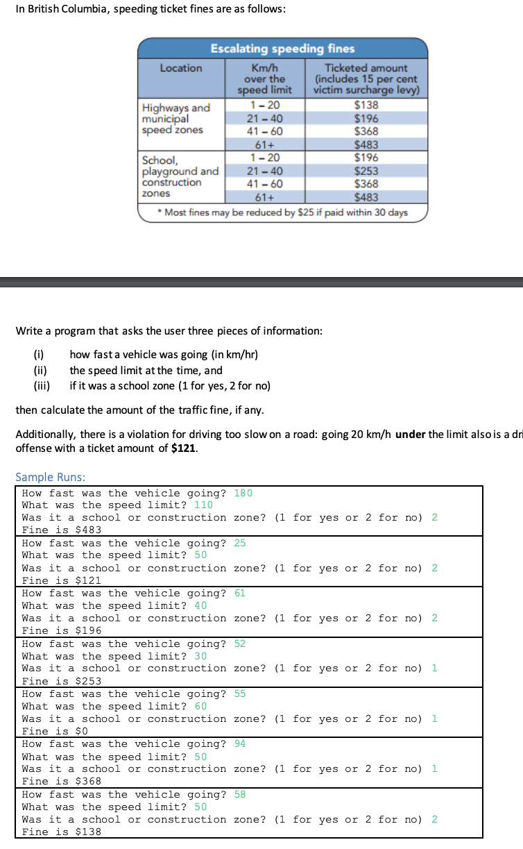 Solved In British Columbia, speeding ticket fines are as | Chegg.com
