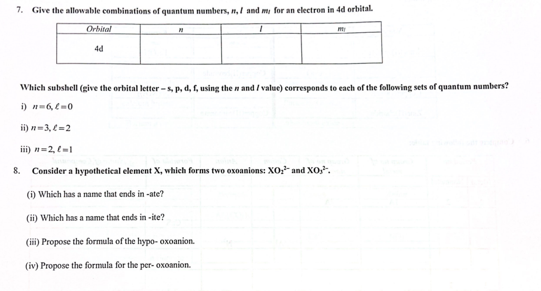 Solved 7. Give the allowable combinations of quantum | Chegg.com