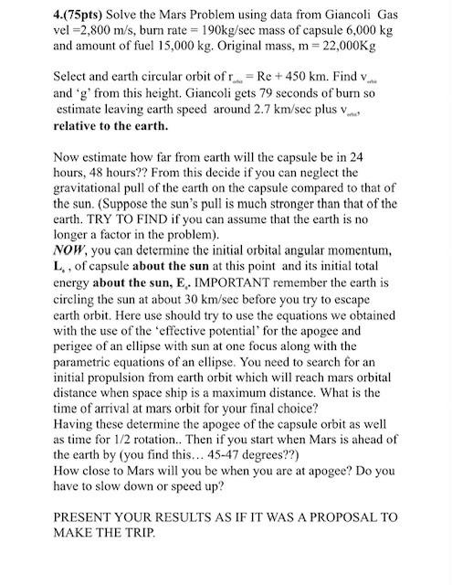 Solved 4.(75pts) Solve the Mars Problem using data from | Chegg.com