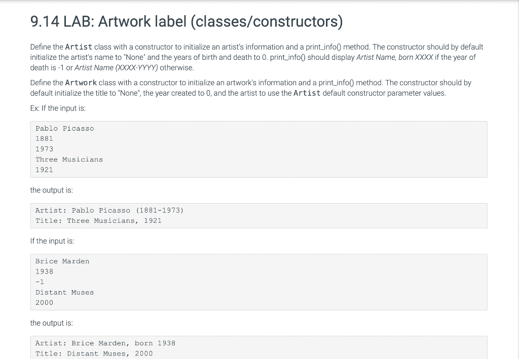 Solved 9.14 LAB: Artwork label (classes/constructors) Define | Chegg.com
