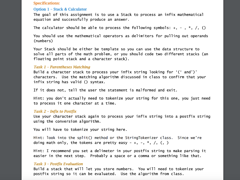 Solved Specifications: Option 1-Stack & Calculator The goal | Chegg.com