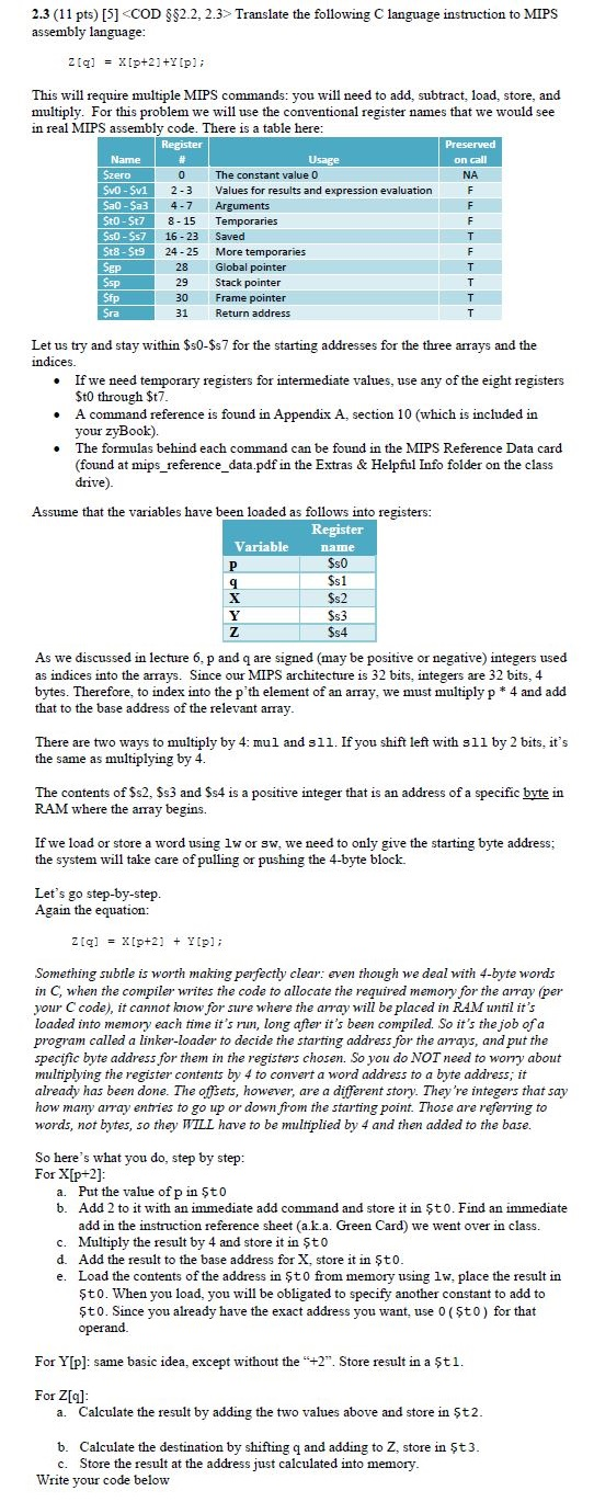 Solved language instruction to MIPS 2.3 (11 pts) [5] | Chegg.com