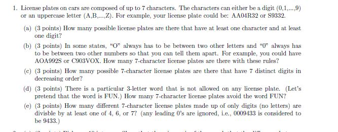 Solved 1. License plates on cars are composed of up to 7 | Chegg.com