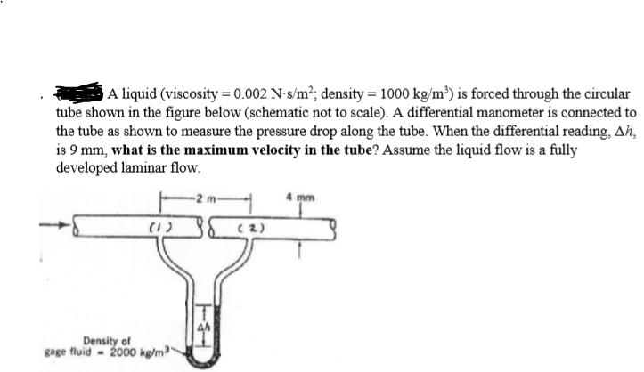 Solved A liquid (viscosity = 0.002 N-s/m²; density = 1000 | Chegg.com