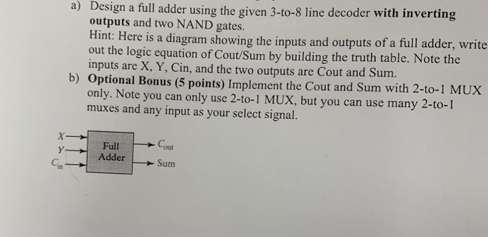 Solved a) Design a full adder using the given 3-to-8 line | Chegg.com